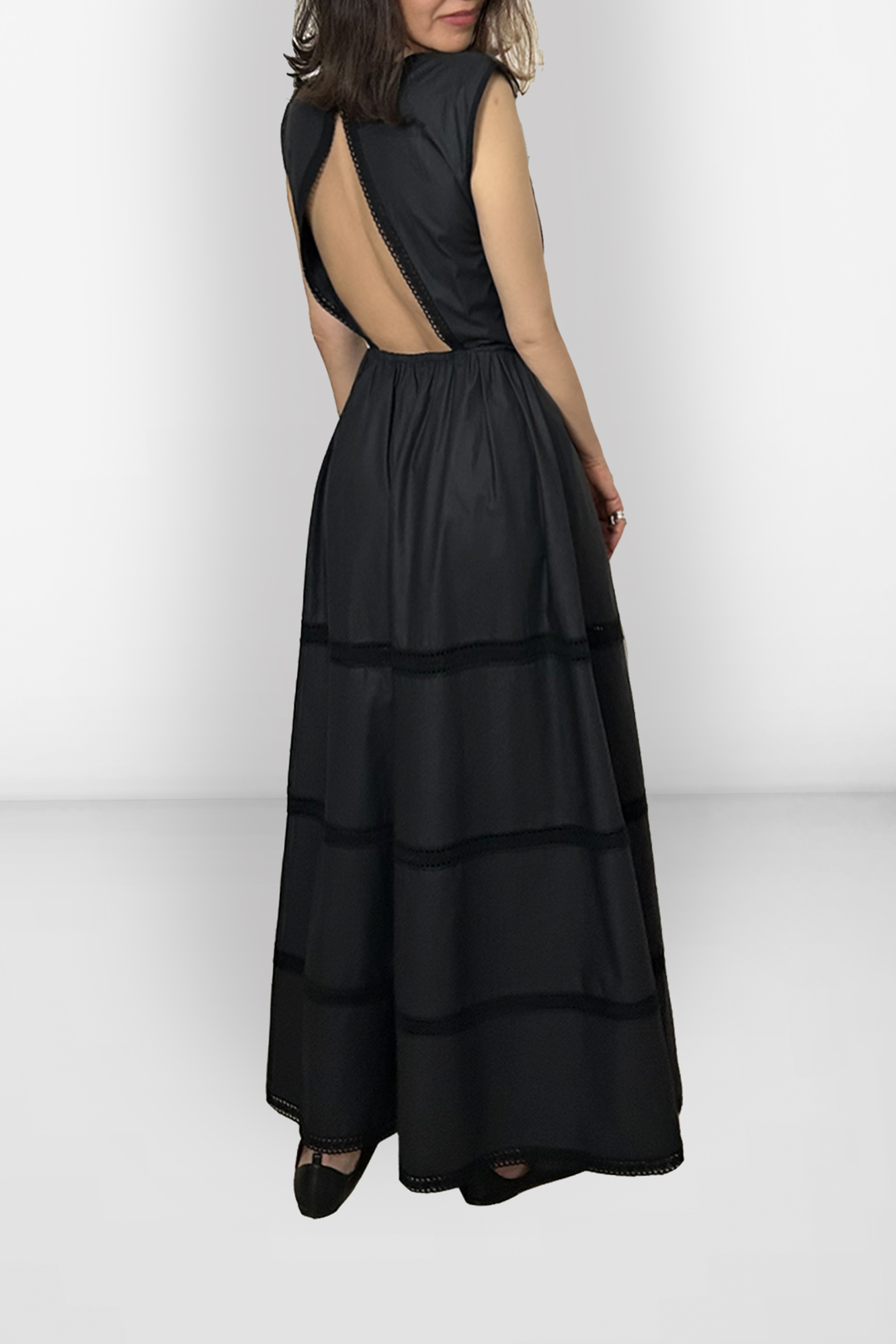 Peekaboo Dress w Cotton Lace Trim in Black Poplin - Punicana